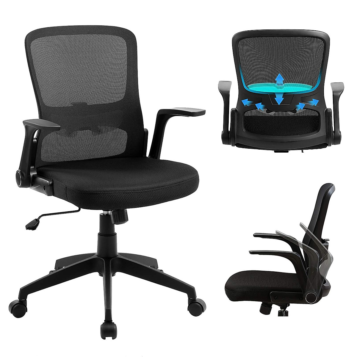 Office Chair, Mesh Computer Desk Chair Mid-Back Ergonomic Adjustable Swivel Chair with Lumbar Support Armrests for Students, Home Office, Black