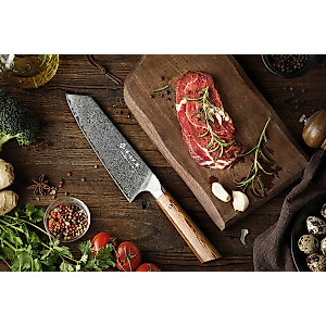 Damascus Santoku Knife 7 Inch Light Weight Professional Damascus Super Steel VG10 Damascus Chef Knife Comfortable Ergonomic Wood Grain Handle Very Sharp Kitchen Knives Luxury Gift Box