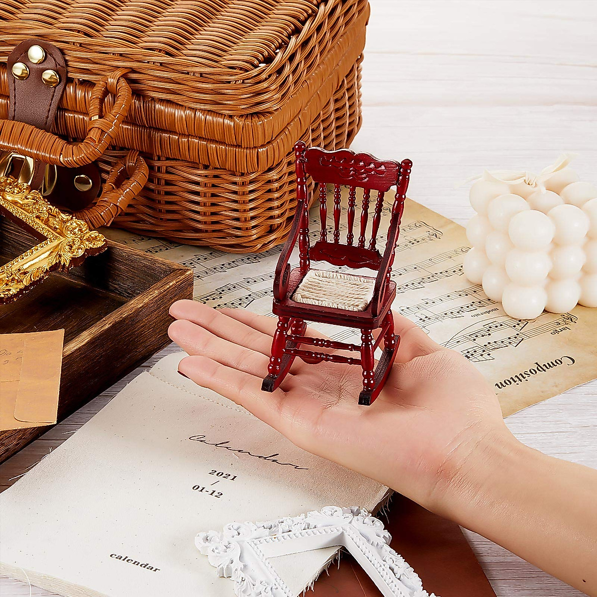 Sumind 2 Pieces Doll House Wooden Chairs 1:12 Christmas Dollhouse Accessories Mini Wooden Rocking Chairs Model for Dollhouse Accessories Furniture Decoration