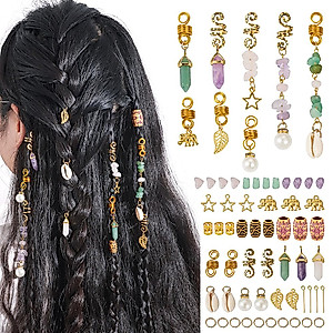 KISSITTY Hair Jewelry Beads Gem Charms for Braids Tibetan Style DIY Hair Dreadlocks Braiding Kit Gemstone Shell Hair Clips Coil Cuffs Accessories for Women Girl Hair Braids Decorations