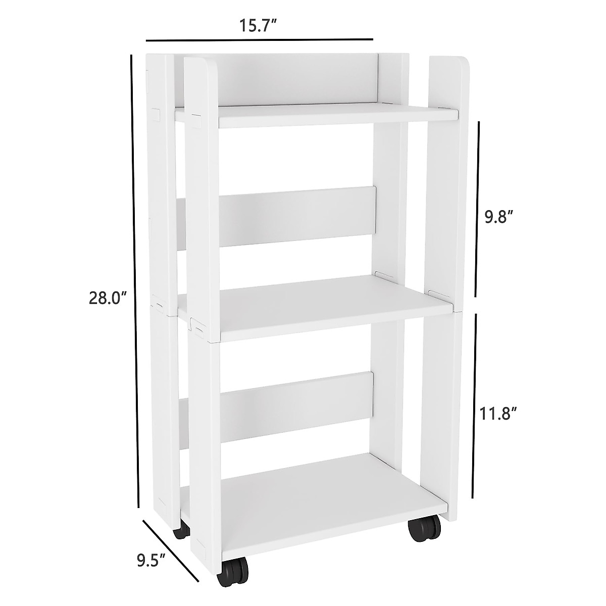 yeavs 3-Tier Side Table with Wheels, Moveable Bookshelf, Multi-Functional Rolling Bookcase Storage Cart Organizer for Office Living Room Bedroom Bathroom, White