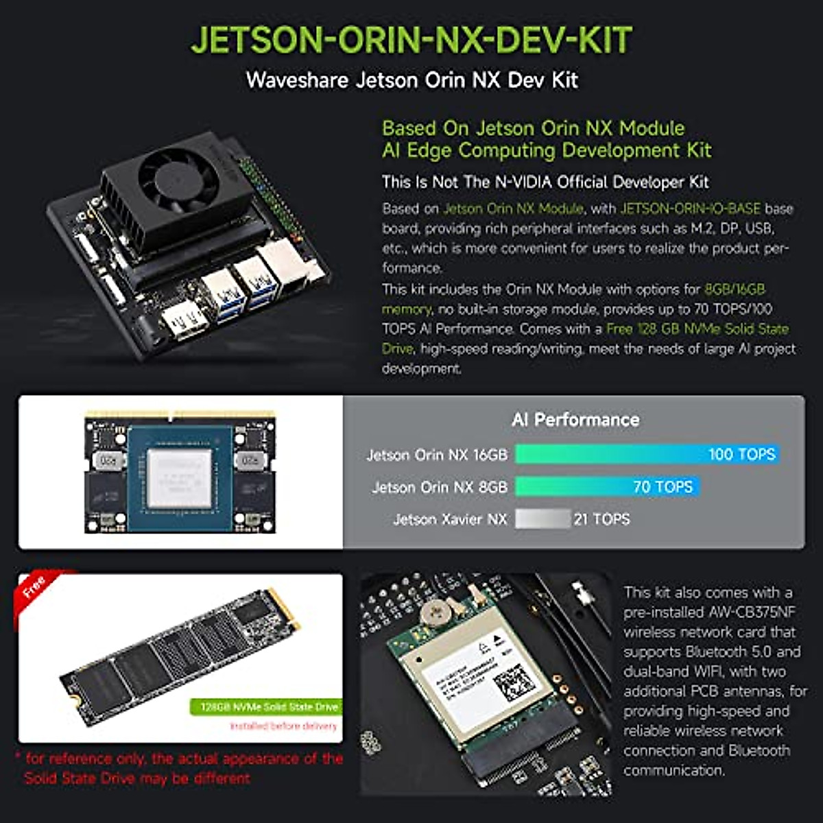 Waveshare Jetson Orin NX AI Development Kit for Embedded and Edge Systems, with 16GB Memory Jetson Orin NX Module Kit A
