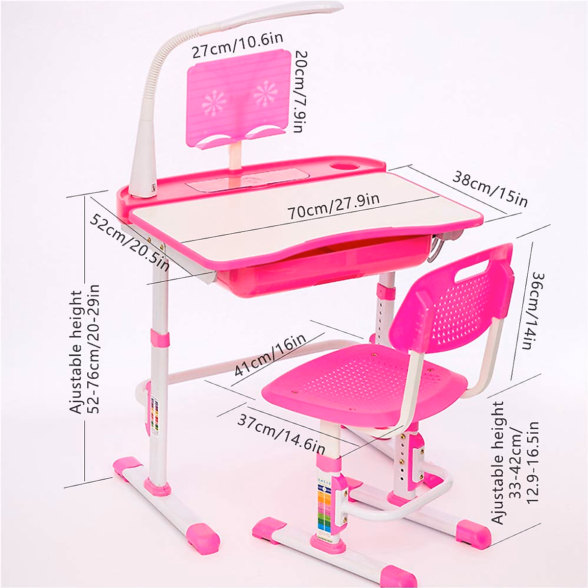 Cantonape Kids Desk and Chair Set, Height Adjustable Children School Study Desk with Tilt Desktop, Bookstand, LED Lamp, Metal Hook and Storage Drawer for Boys Girls, (Pink)