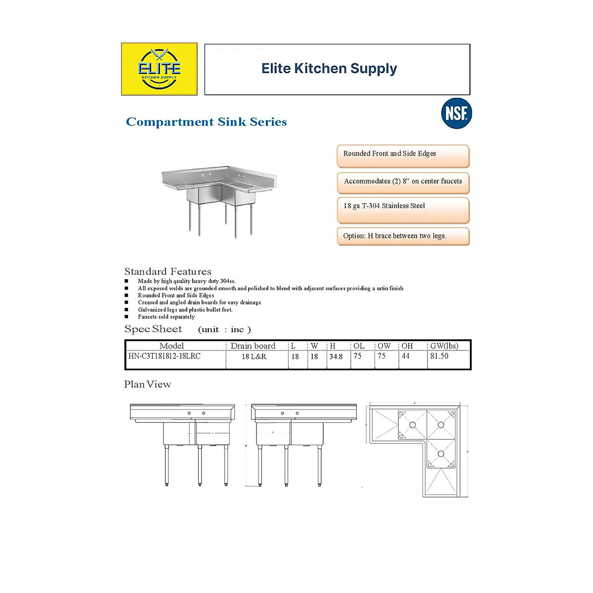 Commercial 3 Compartment Corner Sink, Stainless Steel Kitchen Restaurant ETL NSF