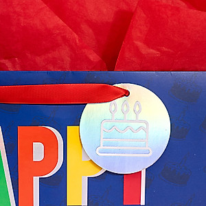 WRAPAHOLIC 13" Large Gift Bag with Card and Tissue Paper - Colorful Happy Birthday with Holographic Silver Foil