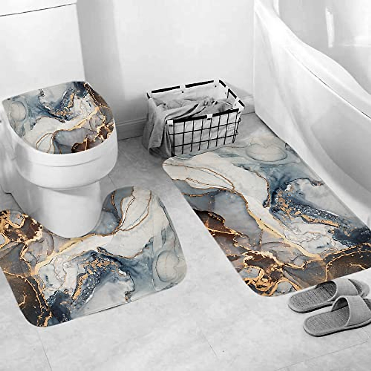 waeyeitery 4PCS Blue Brown Marble Bathroom Shower Curtain Sets with Rugs,Toilet Lid Pad Cover and Bath Mat with 12 Hooks, Abstract Marbled Art Bathroom Decor Set, Polyester, Waterproof, 72' Wx72 L