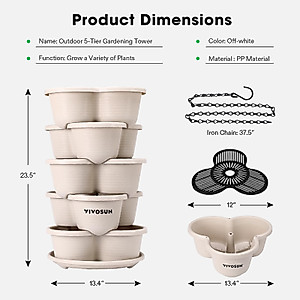 VIVOSUN 2-Pack 5 Tier Vertical Gardening Stackable Planter for Strawberries, Flowers, Herbs, Vegetables Ivory