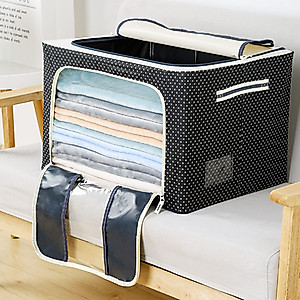 2-Pack Clothes Storage Container Set - Jmount 100L x 2 Closet Organizer Boxes With Steel Frame, Foldable Large Blanket Bins, Thick Oxford Fabric, Waterproof, Clear Window, Reinforced Handle, Zipper