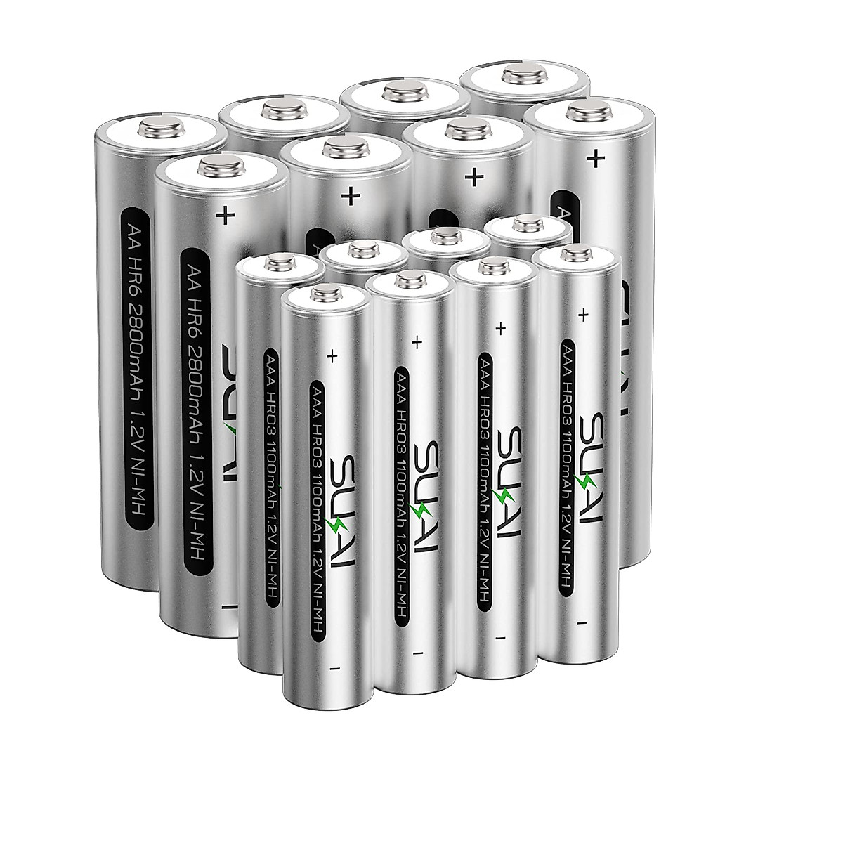 SUKAI AA AAA Rechargeable Batteries Combo - 2800mAh AA Rechargeable Batteries (8 Pack) and 1100mAh AAA Rechargeable Batteries (8 Pack), 1.2V High Capacity Low self-Discharge Ni-MH Batteries
