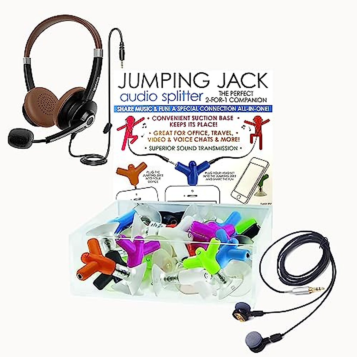 Jumping Jack Audio Splitter Ultimate Sound Experience, 3.5mm Audio Splitter for Headphones - Aux Splitter Connect 2 Headphones, Enhance Music Sharing, Color Vary - Pack of 2