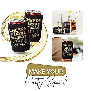 Wedding Can Can Cooler Decorations - Cheers to Love Laughter and Happily Ever After, Can Coolies Set of 12, Wedding Supplies For Bridal Showers, Engagements and Bachelorette Parties (Black)