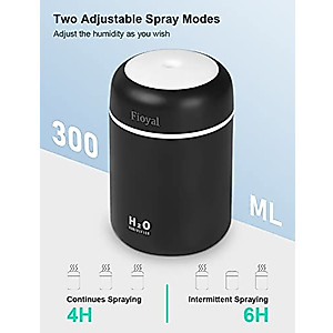 Portable Mini Humidifier, Fioyal RGB Light Small Humidifiers for Bedroom, Car, Desktop, 2 Cool Mist Modes, Quiet(300ML, Black)