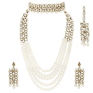 Aheli Wedding Party Wear Bridal Jewellery Choker Long Pearl Necklace Earrings Maang Tikka Indian Traditional Set for Women White