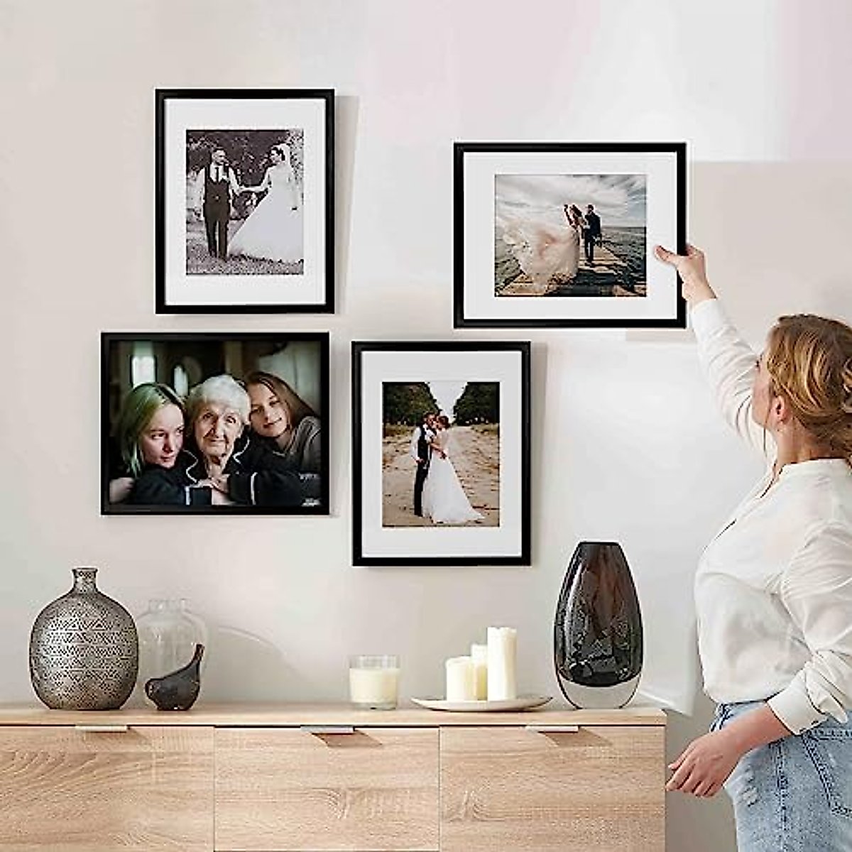 ENGLORY 11x14 Picture Frame Black Set of 3, Made of composite wood and Real Glass, Display 8x10 with Mat or 11x14 Without Mat, 11 x 14 Photo Frames for Wall Mounting.