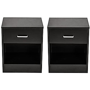 Set of 2 Nightstands with Storage Drawer, Modern End Side Table with Storage Shelves, Small Bedside Table Nightstand Storage Cabinet for Bedroom, Accent Funiture Sofa Side Table for Small Space, Black