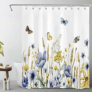 LB Blue Floral Shower Curtain for Bathroom, Watercolor Wildflower with Butterfly on White Fabric Shower Curtain with Hooks, Farmhouse Vintage Plant Bathroom Curtain Shower Set, 60" W x 72" L