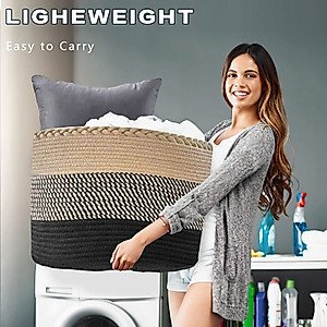 Large Woven Cotton Rope Basket - 22" x22"x 14", Baby Laundry Basket, Blanket Basket, Storage Baskets, Home Organizing Bins and Nursery Decor with Handle for Blankets, Toys, Clothes