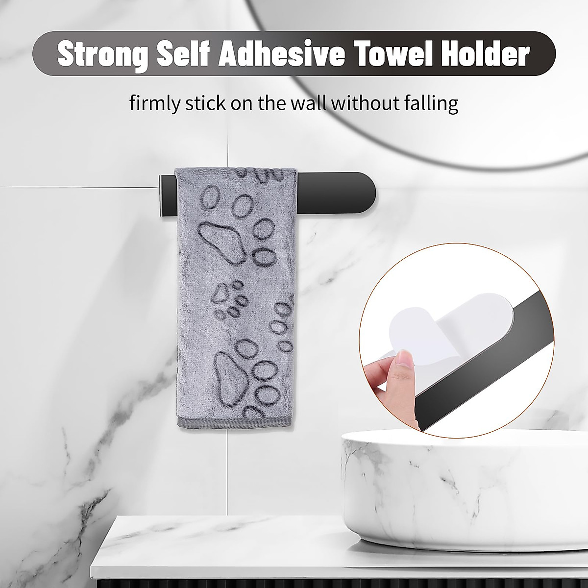 Hand Towel Holder, Self Adhesive Bathroom Towel Holder, SUS 304 Stainless Steel Towel Holder for Bathroom Wall, 8-inch Matte Black Hand Towel Holder for Bathroom, Hand Towel Racks for Bathroom,Kitchen