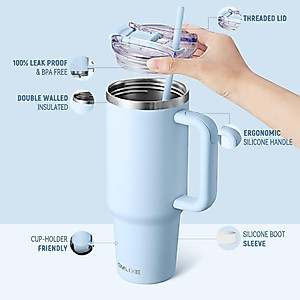 SMLIXE 40 oz Tumbler with Handle and Straw Lid,Insulated Reusable Stainless Steel Water Bottle Travel Mug，Cupholder Friendly Double Wall Vacuum Sealed Cup (Sky Blue)