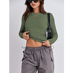 ANRABESS Women’s Long Sleeve Shirts Tight Fitted Going Out Crop Tops Crewneck Basic Tee Y2k Outfits Teens Girls Clothes Army Green S