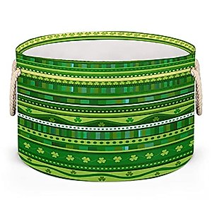 St. Patrick's Day Green Colors Pattern Large Round Baskets for Storage Laundry Baskets with Handles Blanket Storage Basket for Bathroom Shelves Bins for Organizing Nursery Hamper Girl Boy