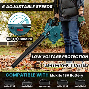 Cordless Leaf Blower for Makita 18V Battery,Electric Jobsite Air Blower with Brushless Motor,6 Variable Speed Up to 180MPH,2-in-1 Handle Electric Blower and Vacuum Cleaner(Battery Not Included)