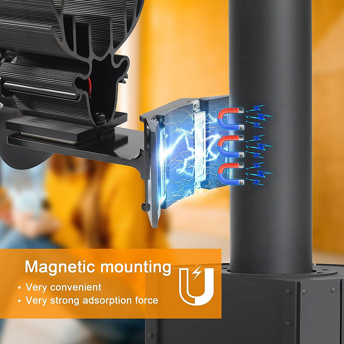 DTNESS Magnetic 4 Blades Heat Powered Stove Fan, Wood Stove Fan with Thermometer and Adjustable Clip, Silent Chimney Fireplace Fan, Hanging Log Burner Stove Fan