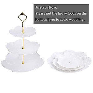 Tosnail 3 Pack 3 Tiers White Plastic Cupcake Stand Dessert Stand Tiered Serving Trays with Gold Rod - Round, Square, Flower