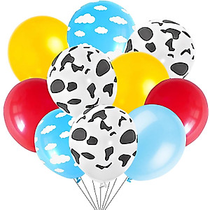 60Pcs 12inch Toy Inspired Story Balloons Kit Cow Pattern Cloud Yellow Red Blue Green Latex Balloons for Kids Toy Inspired Story Theme Birthday Party Supplies Decorations