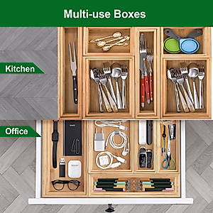 Bamboo Drawer Organizer, 2PCS Stackable Storage Boxes for Utensil Organizer, Wood Tray for kitchen, Bathroom and Bedroom 12" x 3" x 2"