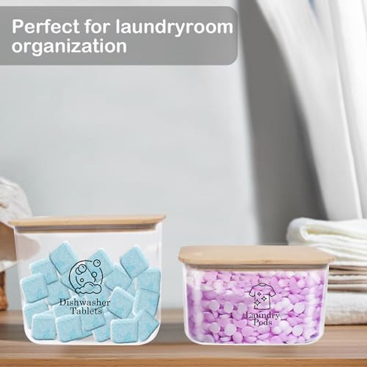 Xbopetda Laundry Pods Container Dishwasher Pods Holder, Acrylic Laundry Powder Detergent Dispenser Dishwasher Tablets Container, Sealing Lid and Scoop, Kitchen Storage Laundry Room Organizer - Clear