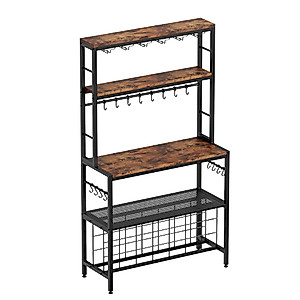 Monesti Wine Rack Freestanding, Industrial Wine Bar Rack, Floor Liquor Wine Cabinet Storage with 16 Hooks(Rustic Brown).