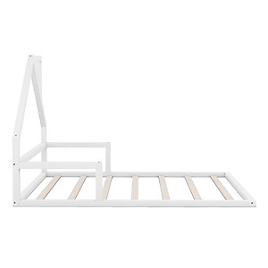 LostCat Full Size Floor Bed Frame with House Shaped Headboard, Wood Montessori Floor Bed for Kids Girls Boys,No Box Spring Needed/Easy Assembly,White