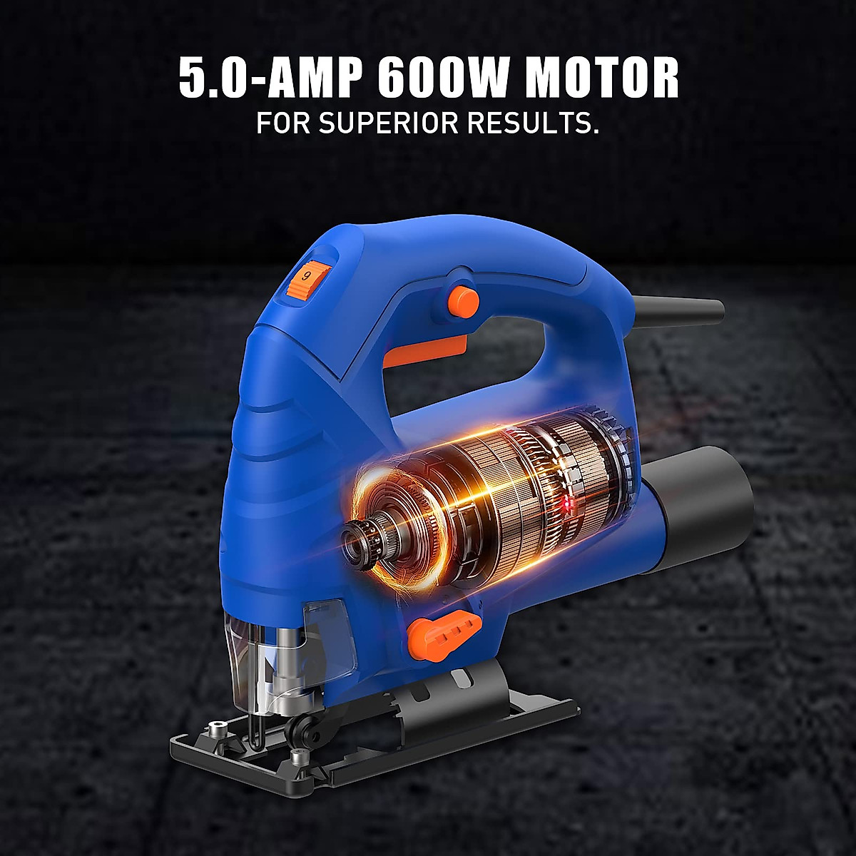 SORAKO Jigsaw, 5.0Amp Jig Saw Tool Corded Electric Power Cutter,800-3000 SPM Jig Saw, 6 Variable Speed, 0°-45° Bevel Cutting, 4 Orbital Sets, for Woodworking with 2PCS Blades & Scale Ruler