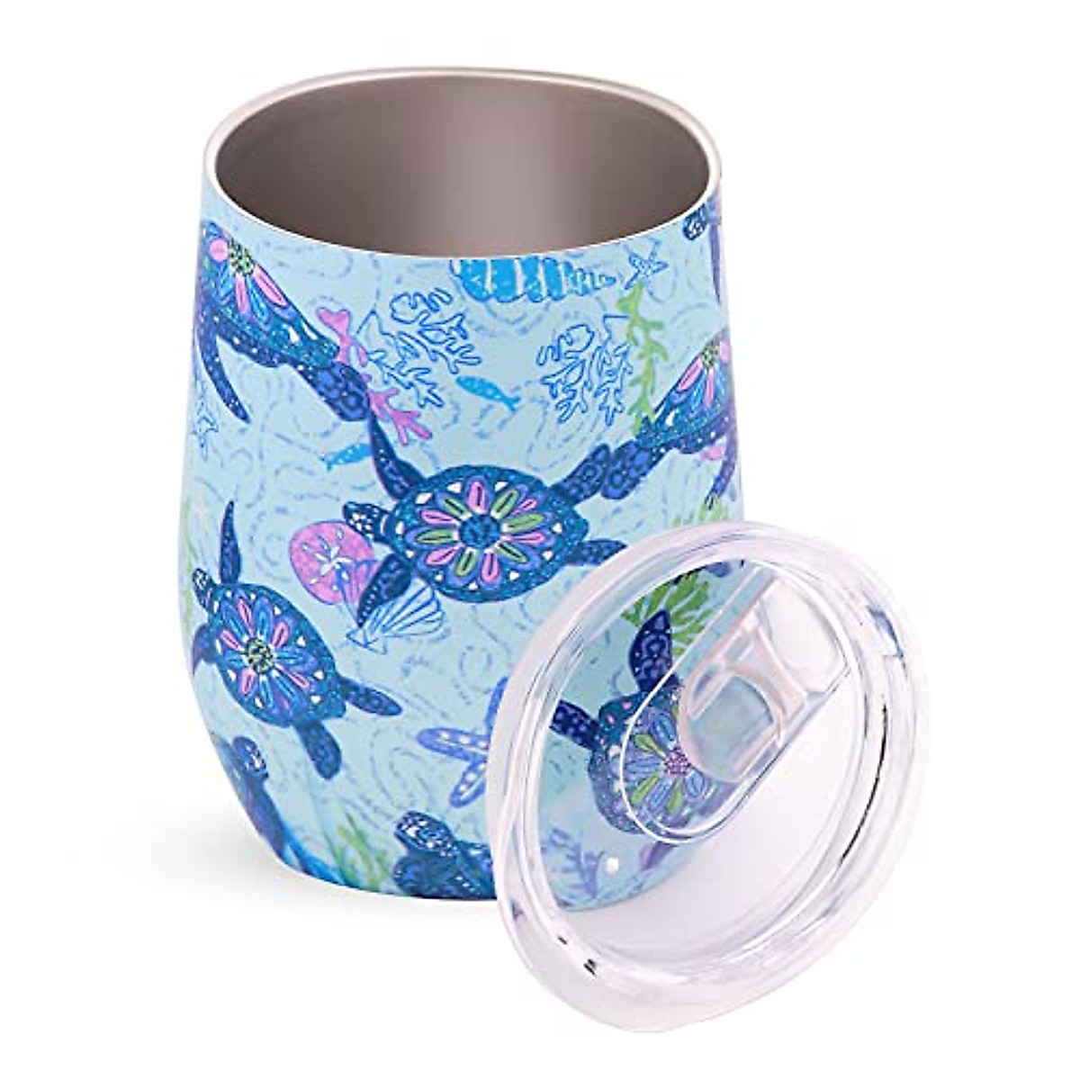 Vera Bradley Insulated Wine Tumbler, 12 Ounce Travel Cup, Blue Stainless Steel Tumbler with Lid, Turtle Dream