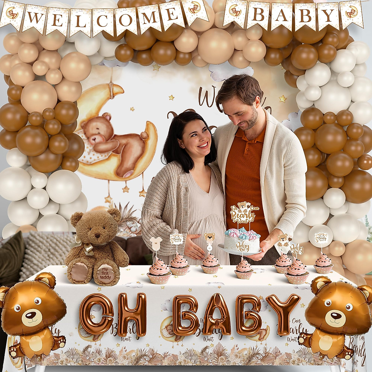 We Can Bearly Wait Baby Shower Decorations, Neutral Teddy Bear Baby Shower with Baby Shower Backdrop Tablecloth Cake Topper Balloon Garland Kit for Cute Bear Gender Reveal Decor