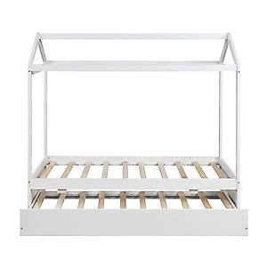 Twin Size House Bed with Trundle, Wooden Daybed for Toddlers, Teens, Girls, Boys, Kids House Bed Frame Can Be Decorated (White)
