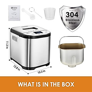 Kitchen in the box Bread Maker Machine with Gluten-Free Setting, 2LB 1.5LB 1LB Automatic Breadmaker with Homemade Cycle, 15-in-1 Stainless Steel Bread Maker with Recipes-Silver