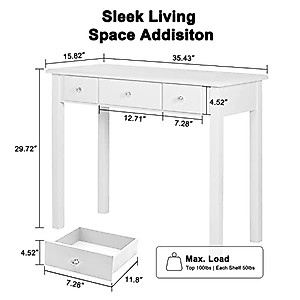 STHOUYN Home Office Small Writing Desk with Drawers Bedroom, Study Table for Adults/Student, Vanity Makeup Dressing Table Save Space Gifts White (White)