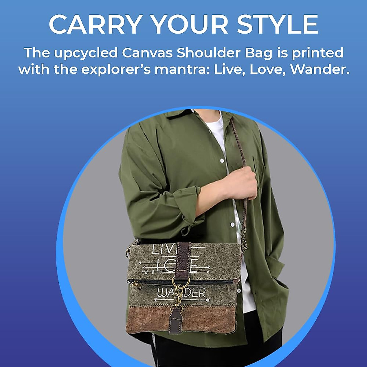 SAGEFINDS Live Love Wander Upcycled Canvas Crossbody Bag | Earth Friendly Materials | Shoulder Purse | Small Clutch | Fold-Over Zip Top | 22” Detachable Strap