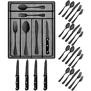 Teivio 24 Piece Silverware Set, Flatware Utensils Set Mirror Polished, Dishwasher Safe Service for 4, Include Knife/Fork/Spoon/Steak Knife/Wire Mesh Steel Cutlery Holder Storage Trays (Matte Black)