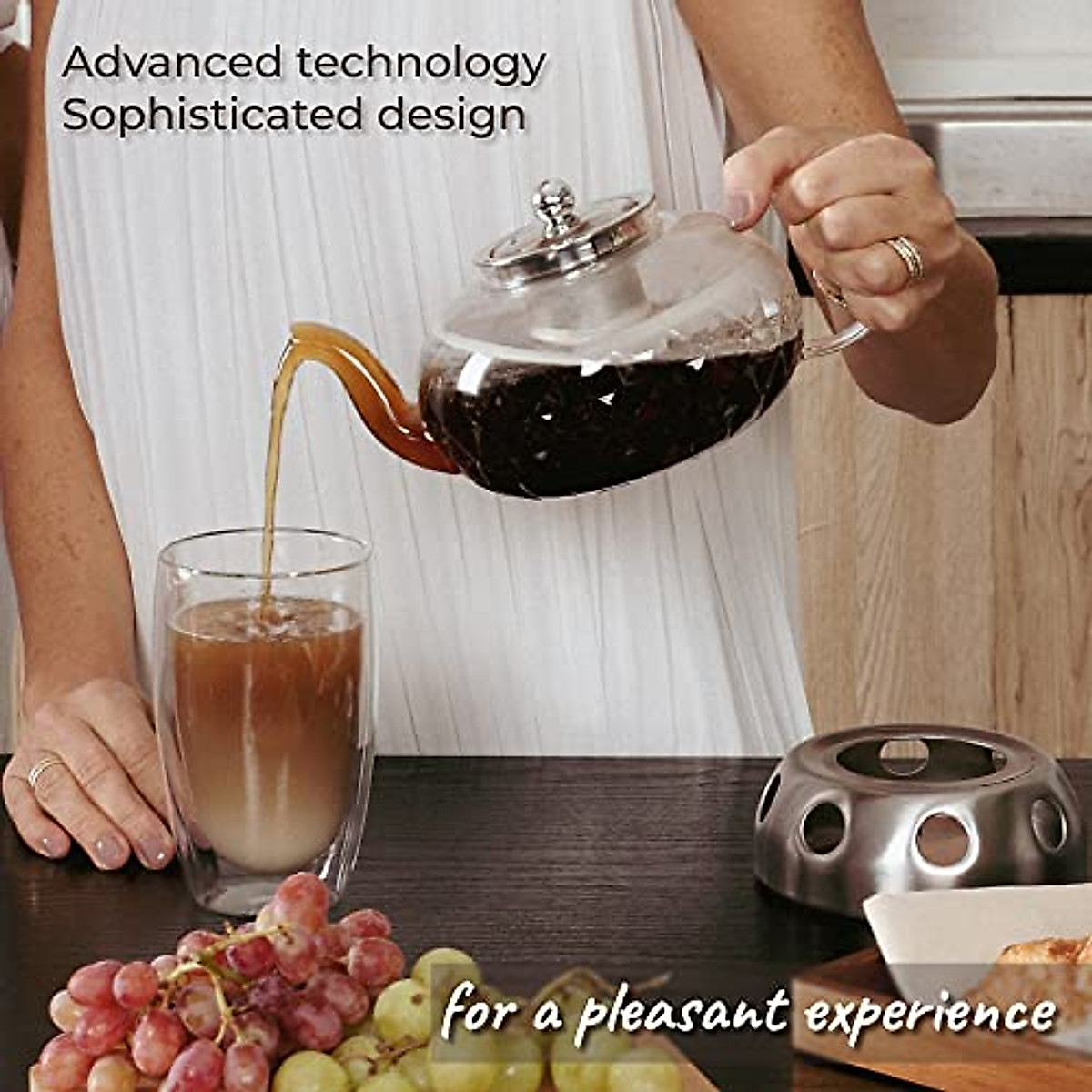 Pykal Glass Tea Pot With Removable Infuser - 40 Oz - Candle Warmer Included - Glowing Diamond Teapot Also For Loose & Blooming Tea - Glass Kettle