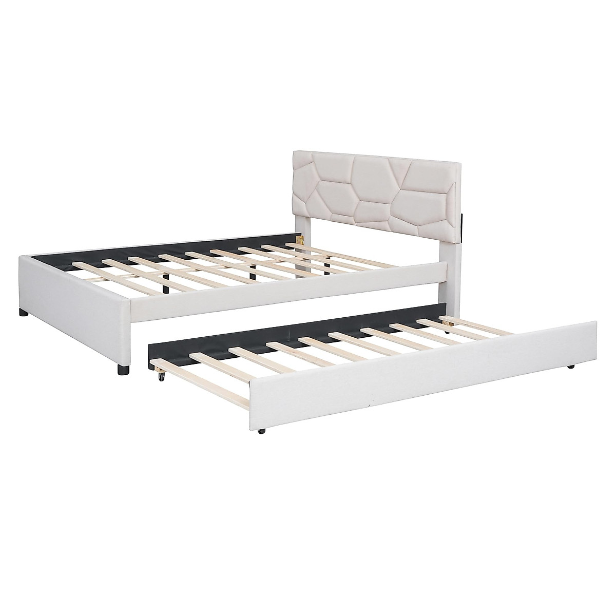 DNYN Queen Size Upholstered Platform Bed with Trundle（Twin XL） for Kids,Teen,Adult Bedroom,Solid Wood Bedframe Linen Fabric Home Furniute w/Brick Pattern Heardboard,No Box Spring Needed, Beige