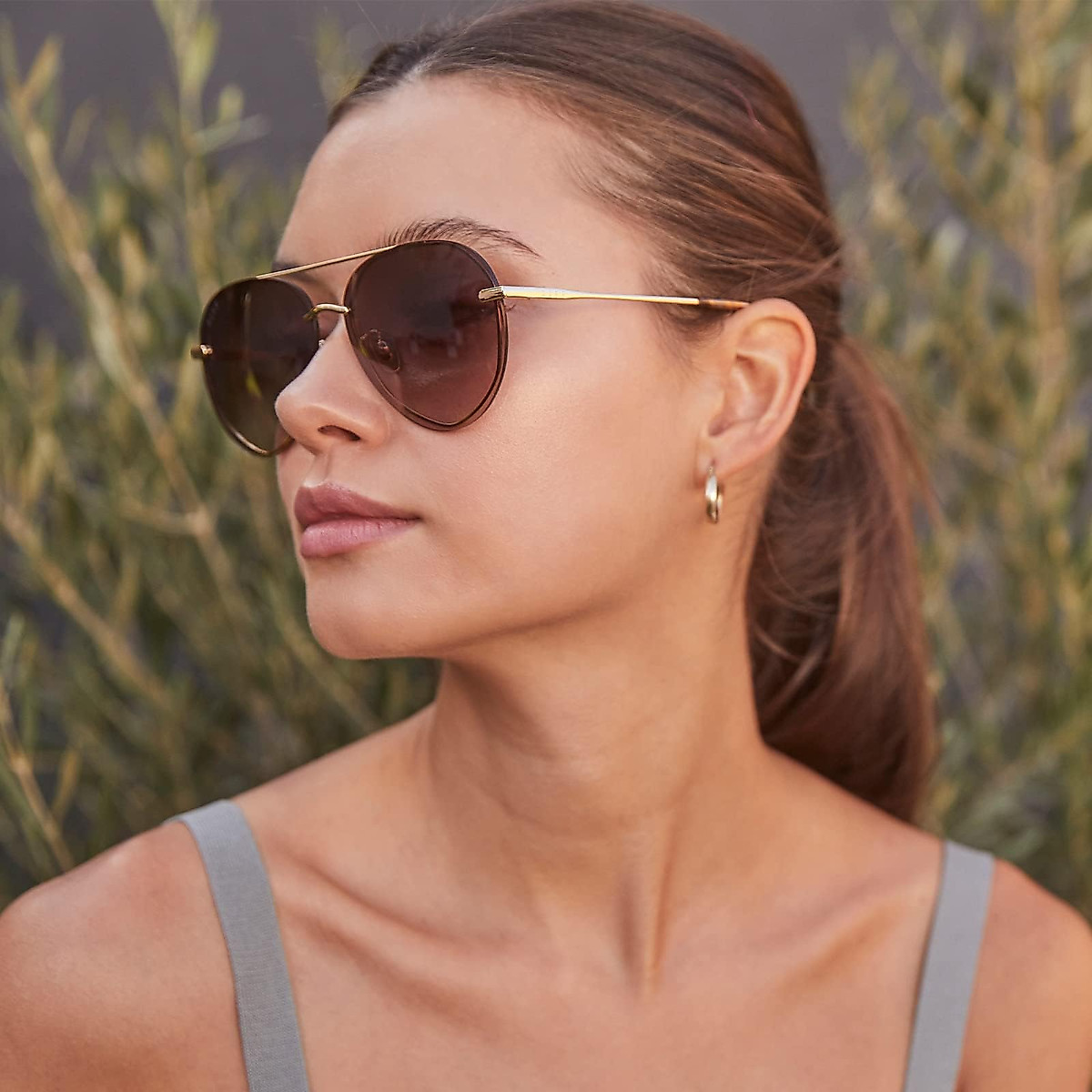 DIFF Lenox Gold + Brown Gradient, Designer Oversized Aviator Sunglasses for Women UV400 Protection