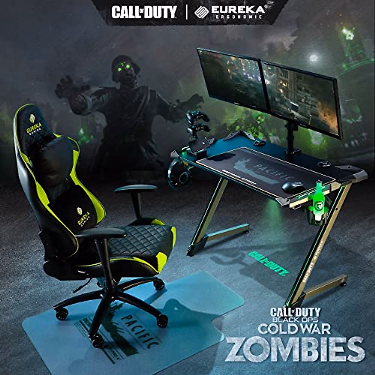 EUREKA ERGONOMIC & Call of Duty UAV Gaming Desk, RGB LED 45 Inch Z Shaped Home Office PC Computer Gamer Table with Fiber Light Dual Headphone Holder Cable Ties for Gamer Gifts, Black & Brass