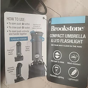 Brookstone Compact Umbrella with Flashlight for Dark Nights,Weather Resistant, Water Proof ,Light and Portable for Purse,Car,Backpack, Travel Size, Fits in Bag,Convenient & Led Flashlight, Automatic button to open and rotatable shaft handheld for easy gri