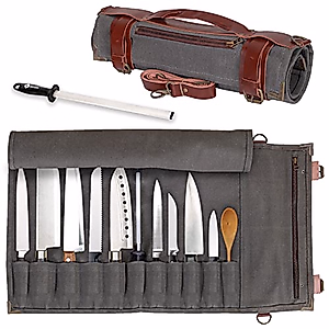 Begin Anywhere Knife Roll Bag,11 Knife Slots and a Large Zipper Pocket, Durable 14 oz Canvas Knife Case with an Adjustable Shoulder Strap. Knives not Included - Blade Travel Storage/Case, Gray