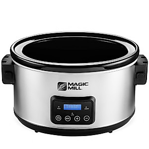 Magic Mill 8.5 Quart Extra Large Programmable Slow Cooker with Digital Adjustable 20 Hour Timer, 3 Cooking Settings, Brushed Stainless Steel, With Intelligent Lid Lock
