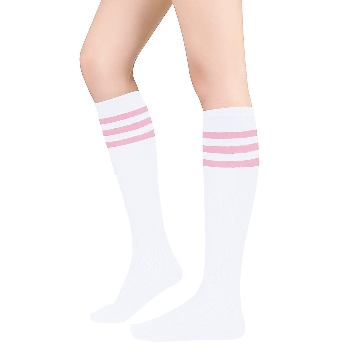 DOOVID Knee High Socks for Women Tube Socks Elasticity Athletic Socks Stripe Knee High Stockings Casual Socks White Pink One Size