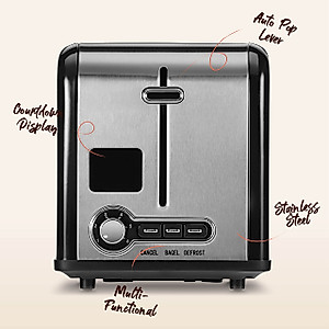 Peach Street 2 Slice Toaster Compact Bread Toaster with Digital Countdown, Wide Slots, Auto-Pop Stainless Steel, 6 Browning Levels, Removable Crumb Tray, with Defrost, Bagel, and Cancel Function